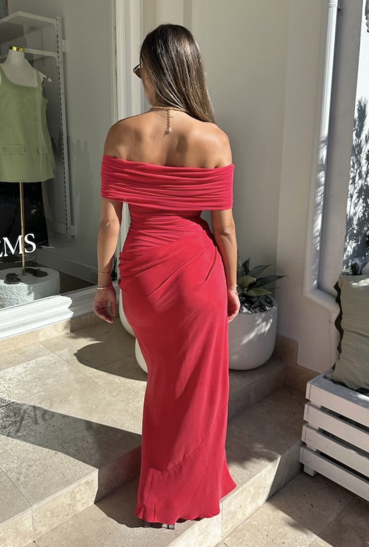 Nico Off Shoulder Maxi Dress in Watermelon – Dress Hire Studio