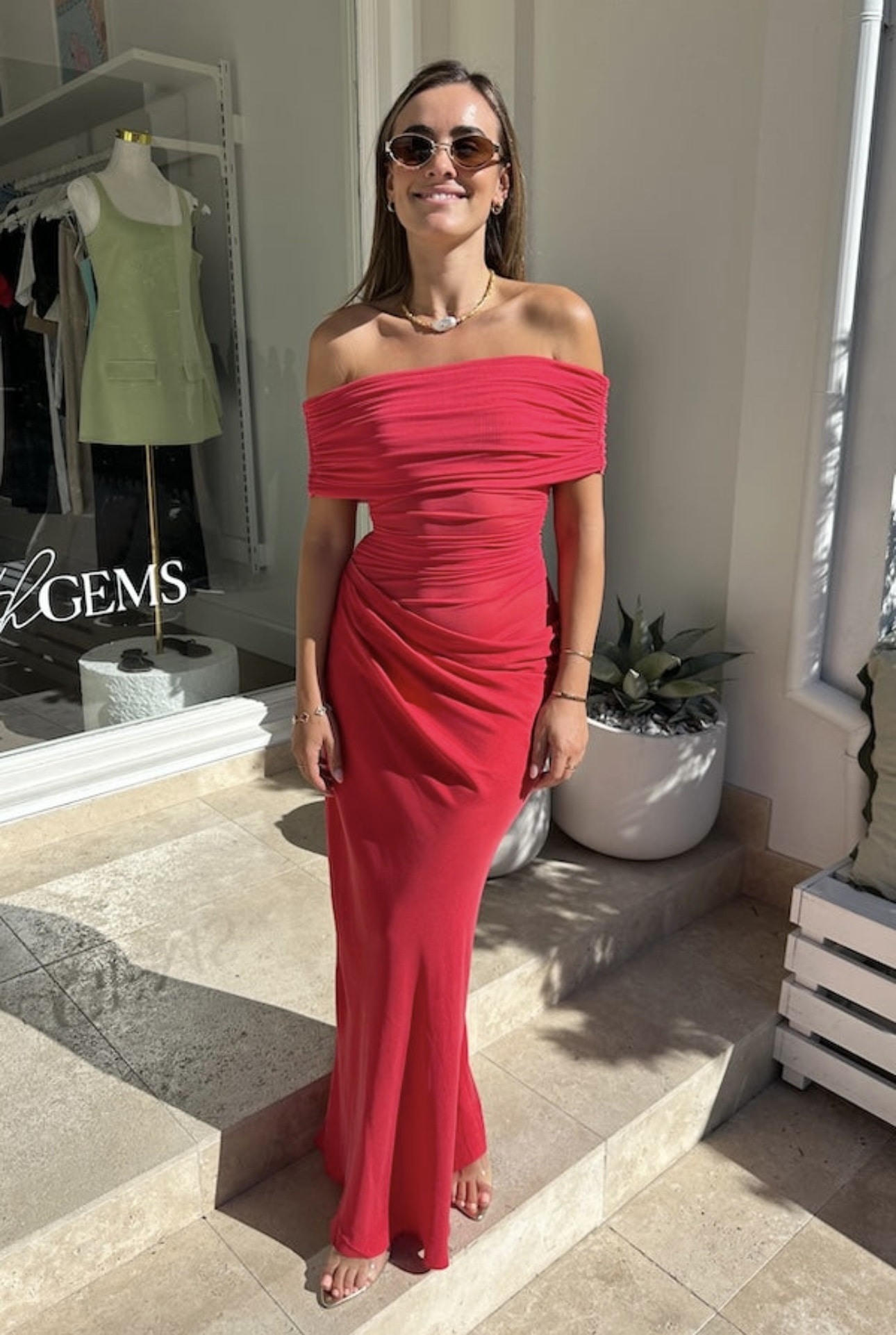 Nico Off Shoulder Maxi Dress in Watermelon – Dress Hire Studio