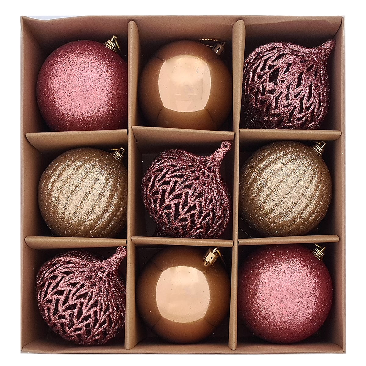 Christmas Bauble Set – 9 Pack 8cm Pink & Gold | Floral Craft