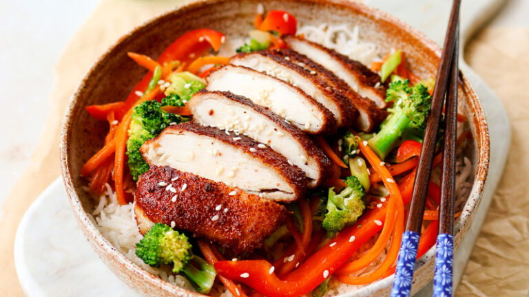 Asian chicken schnitzel rice bowl with teriyaki veg | Olgas Fine Foods