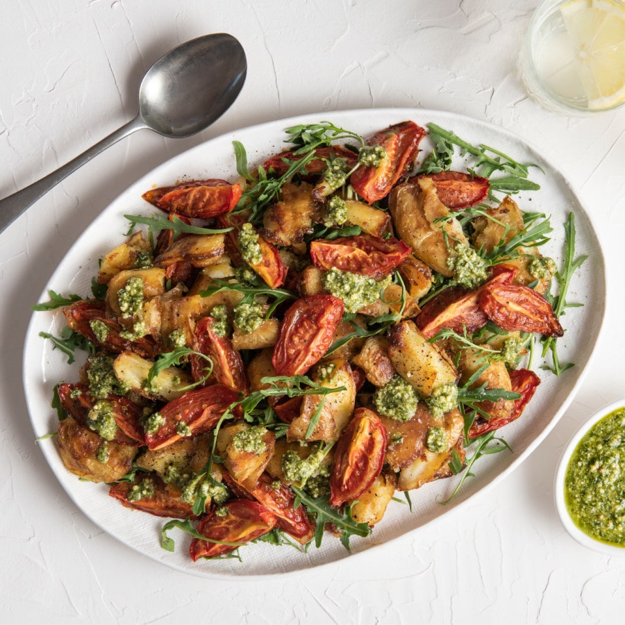 Roasted Smashed Potato, Tomato and Pesto Salad - Spudlite