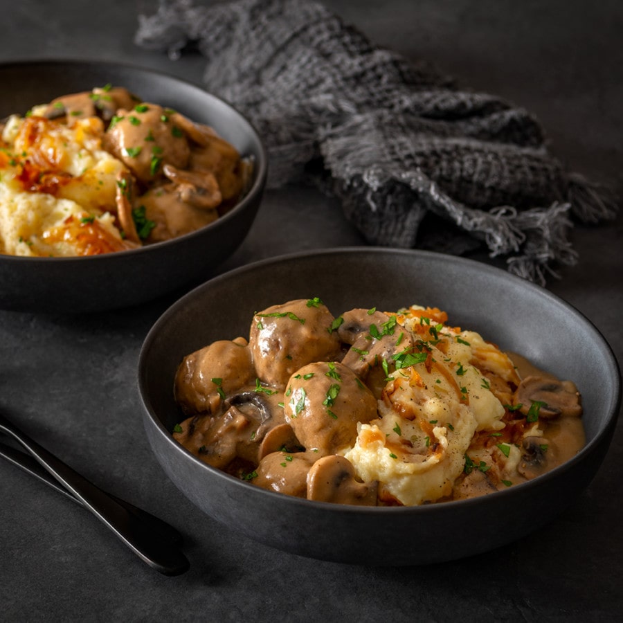 Beef Meatballs with Mushroom Gravy and Sauteed Onion Mash - Spudlite