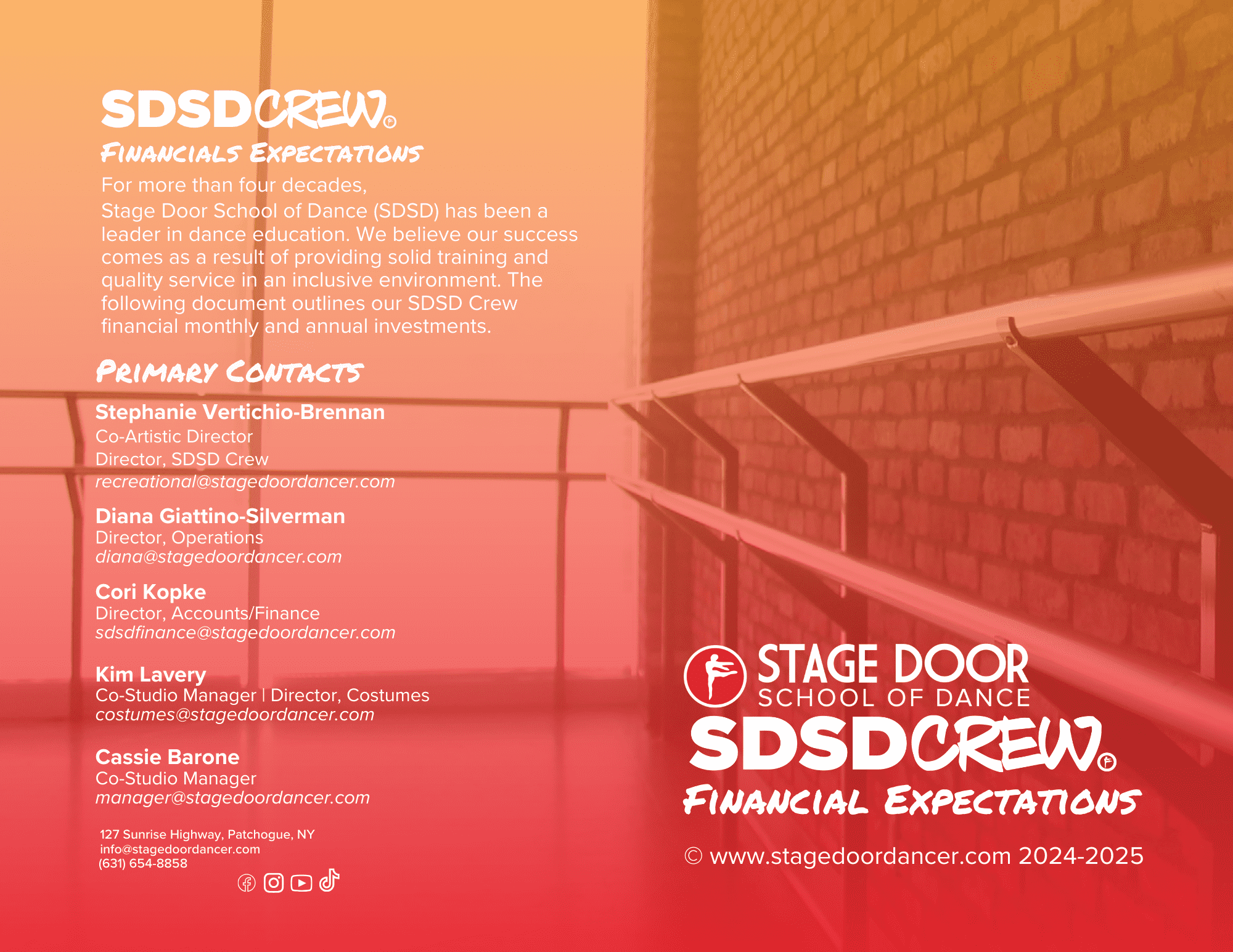 SDSD Crew Financial Brochure | Stage Door School of Dance